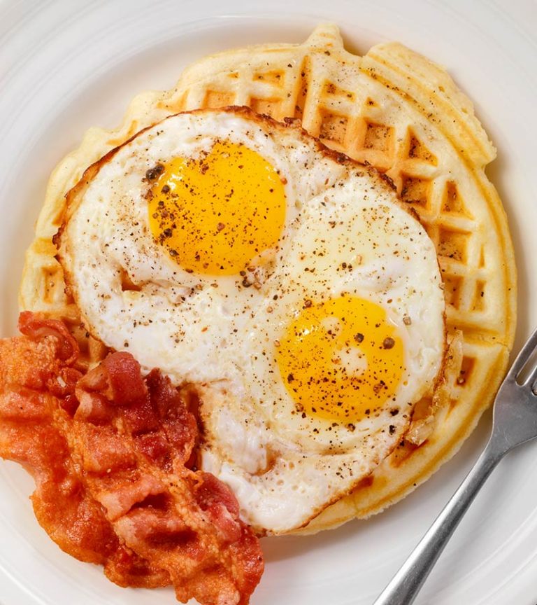Waffles with Fried Eggs and Bacon - Sunny Queen Farms